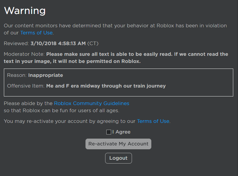 Looks like i got a completely unique moderation note on Roblox.. | Fandom