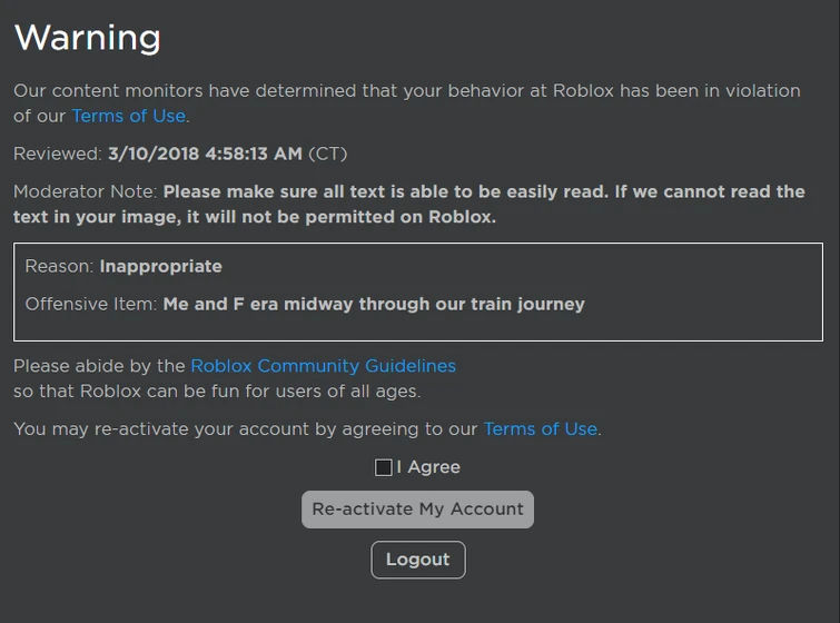 Looks like i got a completely unique moderation note on Roblox.. | Fandom