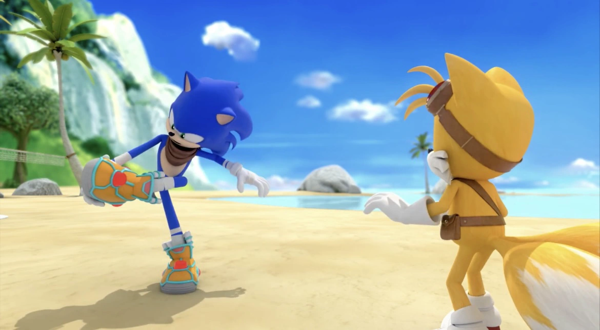 I love how Sonic is struggling to take off those shoes as Tails is ...