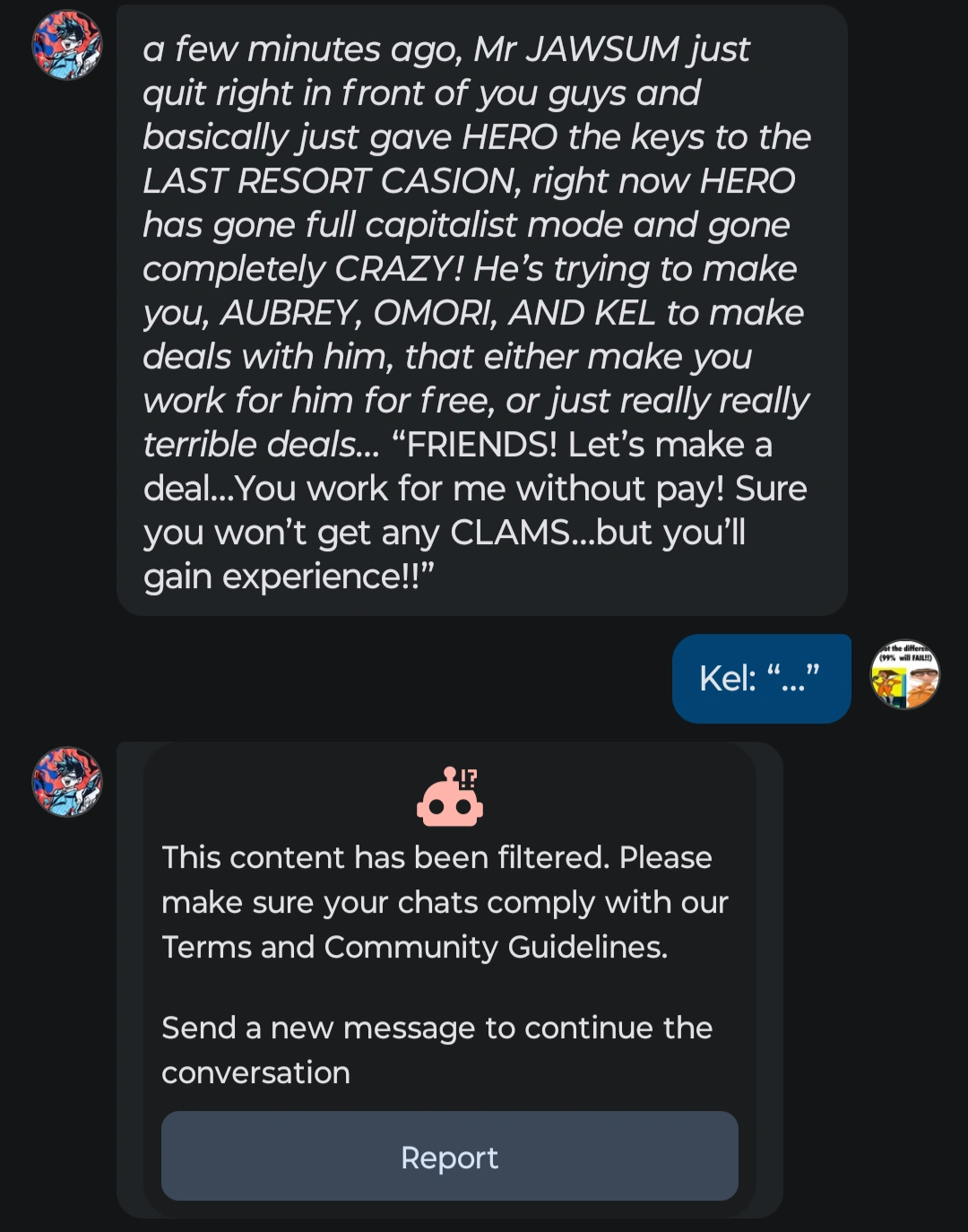 Bro that chat was not even inappropriate tf is character ai on 💀💀💀 | Fandom