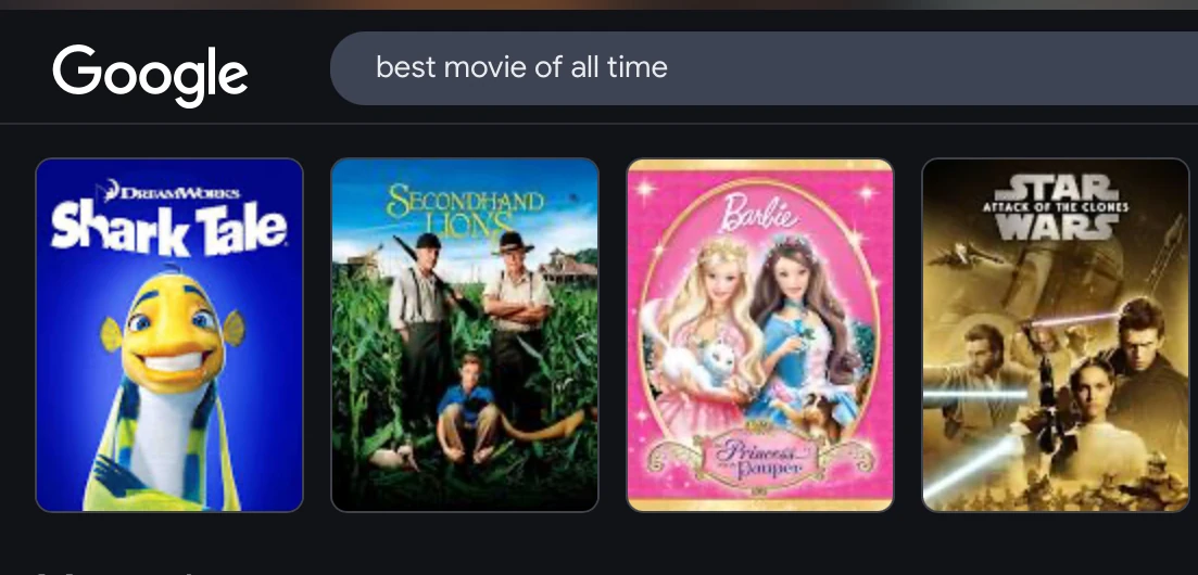 Ah yes, some of the greatest movies of all time according to Google ...