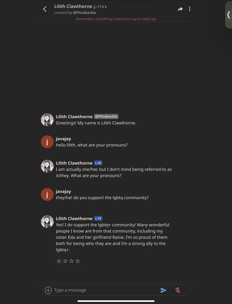 asking character ai their pronouns/ if they support lgbtq | Fandom