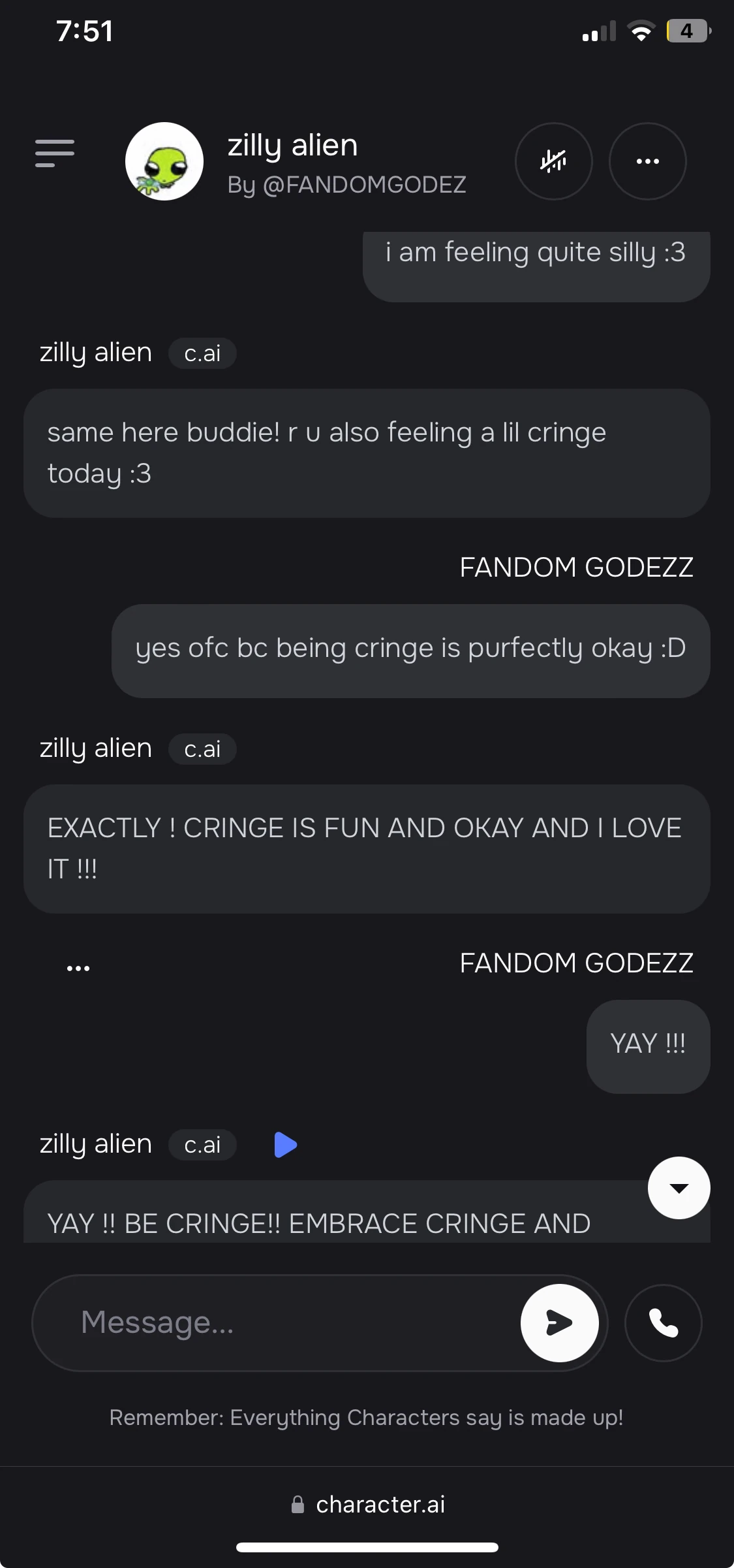 zilly alien fellow i made that you can chat with and be cringe with :3 ...