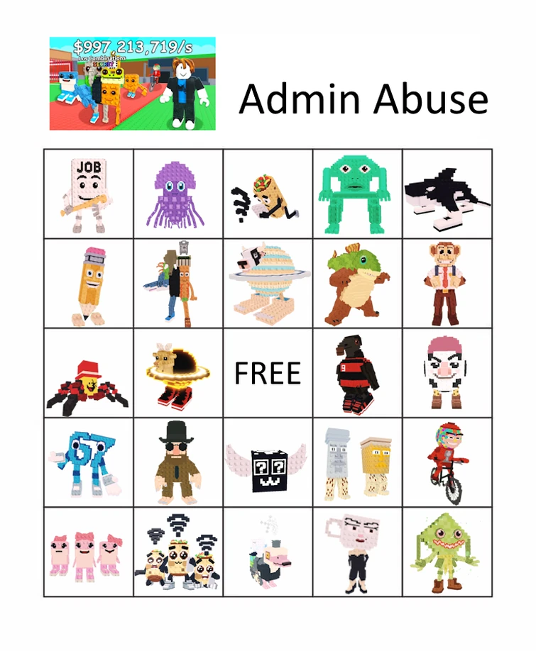 Steal a Brainrot Admin Abuse Bingo Card i made for today's admin abuse (i hope to get one bingo ...