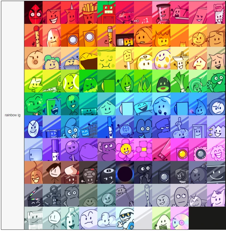 Weeg's icons (BFDI chars) in rainbow order based on the background colour | Fandom