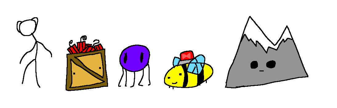 block tales counterfeits - stickman bear, not your exploding foe, dot, buzz, speachless mountain ...