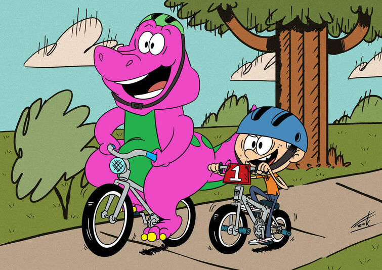 Barney riding on a bike store