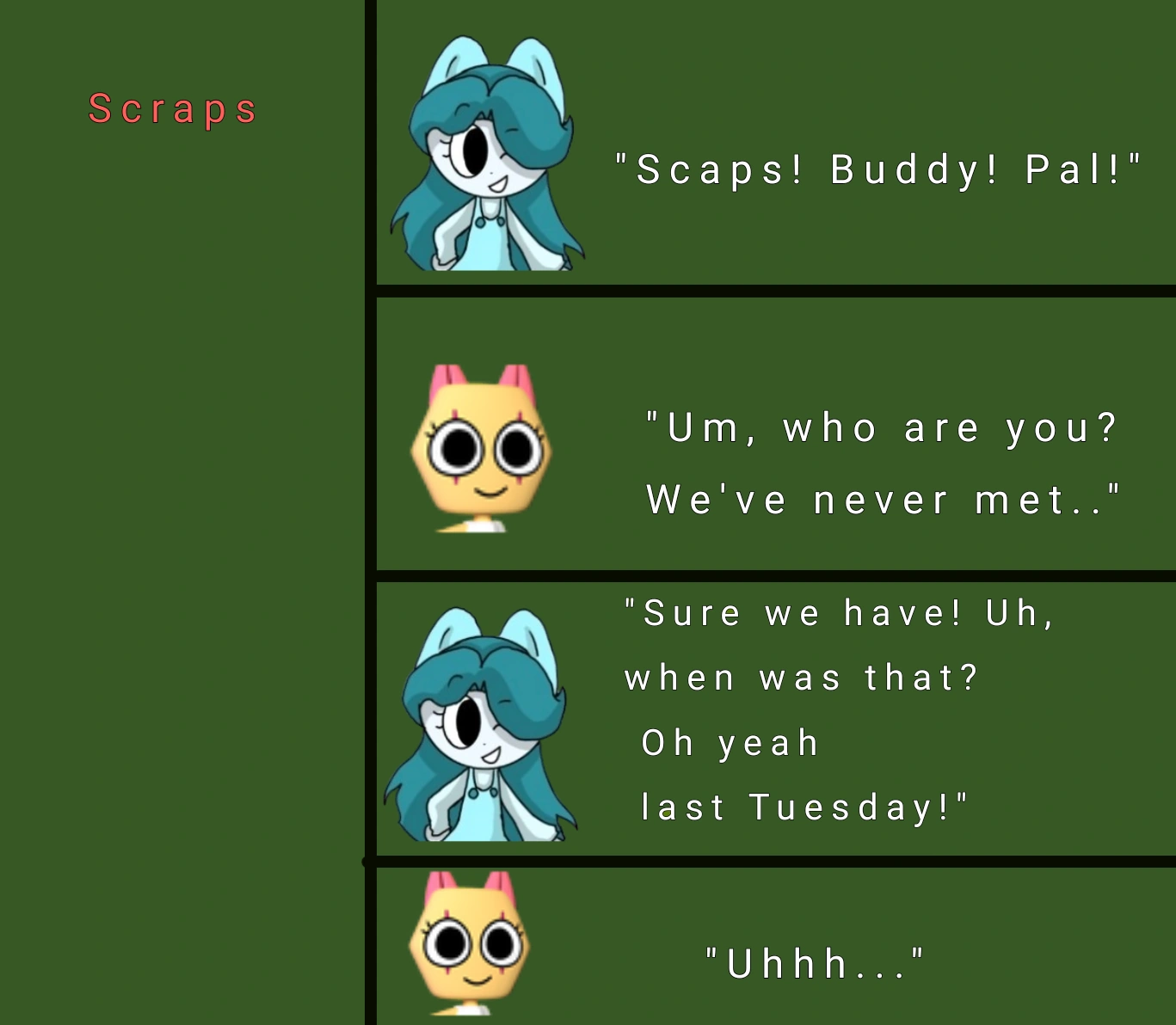 Roarys interaction dialogue with Scraps and the Zesty joyride mirror ...