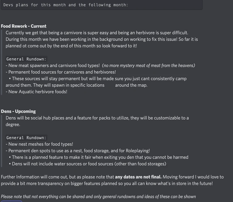 Roadmap for this month and the following month by Wolfragon on the Discord dev-feed :D | Fandom