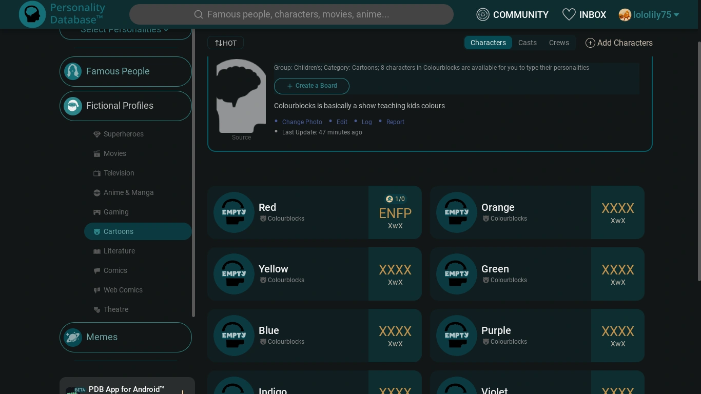 I made colourblocks profiles on personality database | Fandom