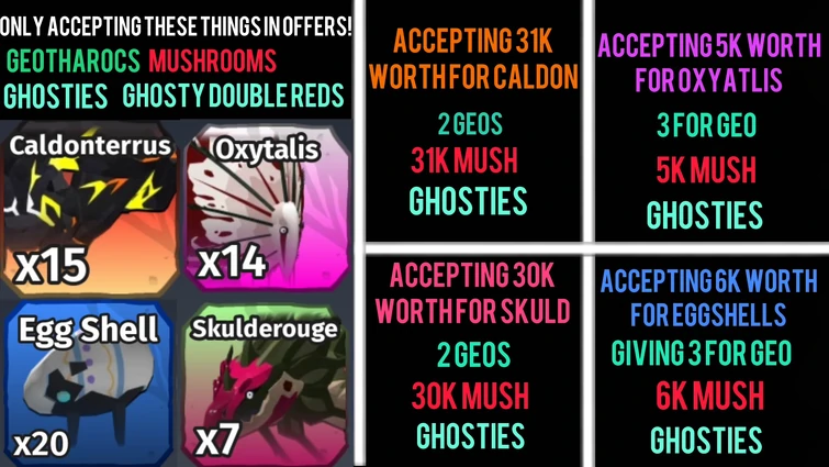 Looking for Geos, Ghosties, and Mush. Offering these. | Fandom