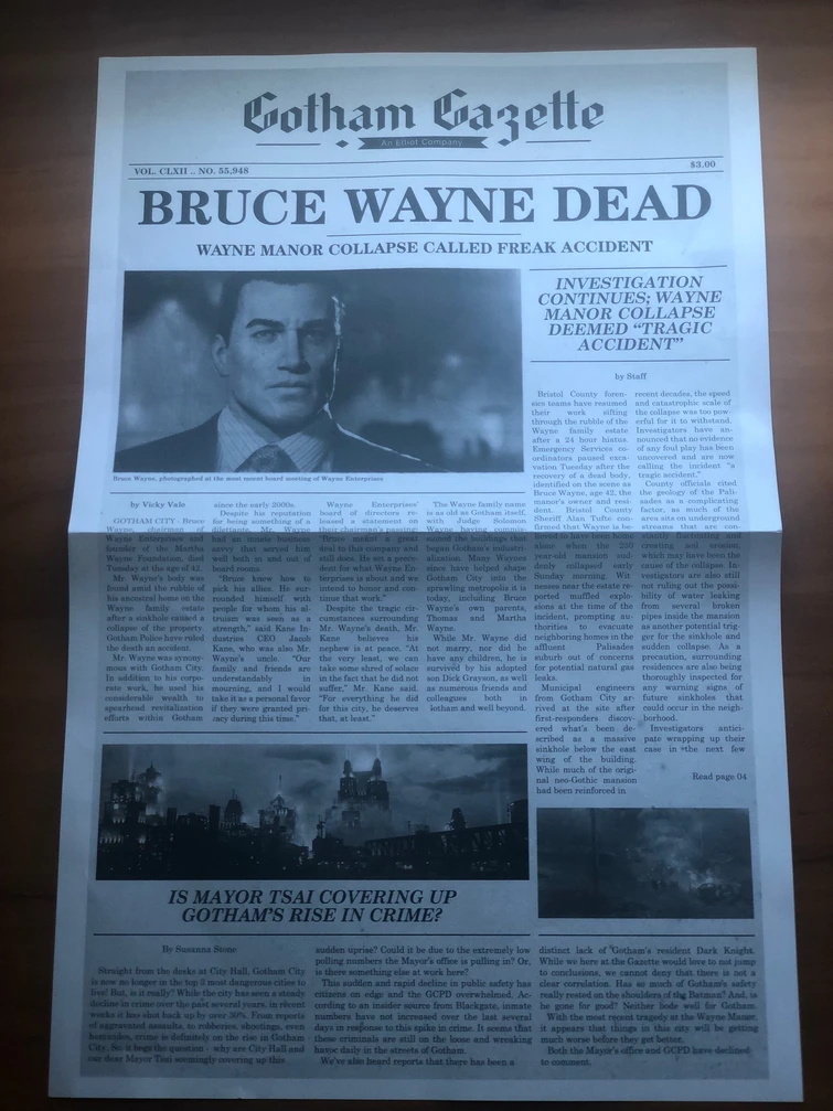Full news article on Bruce Wayne death. | Fandom