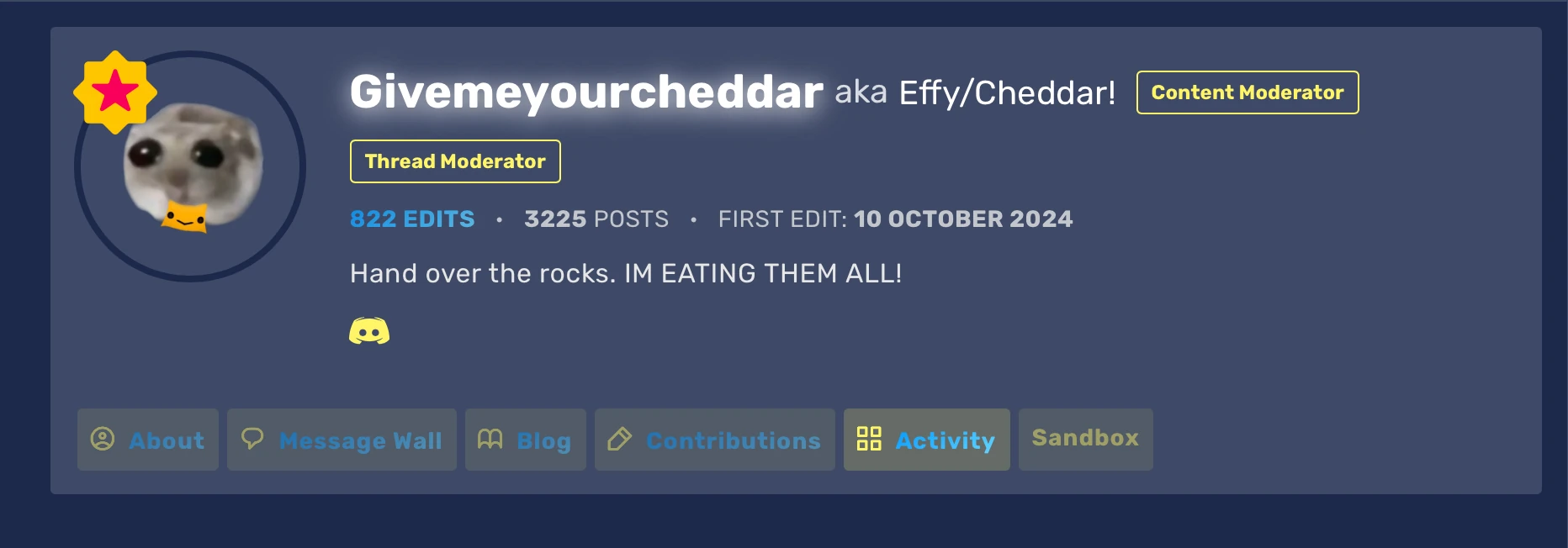 Why does User:Givemeyourcheddar have the admin symbol when he’s content + thread moderator… | Fandom