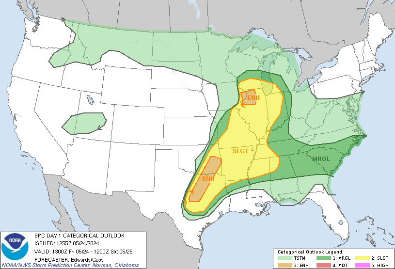 Current SPC Outlook - 2 ENH Risks lead by 30% Wind & Hatched Hail Risks ...