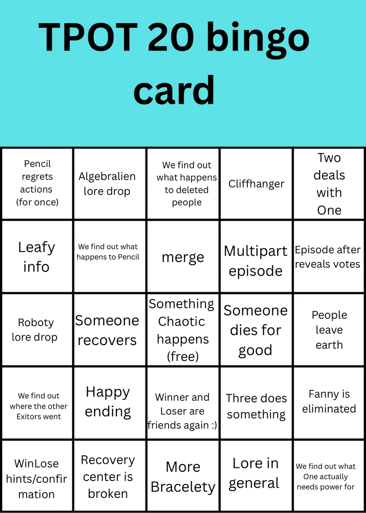 TPOT 20 bingo card | Fandom