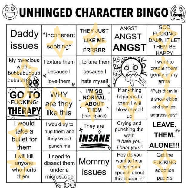 filled out an unhinged character bingo just because | Fandom