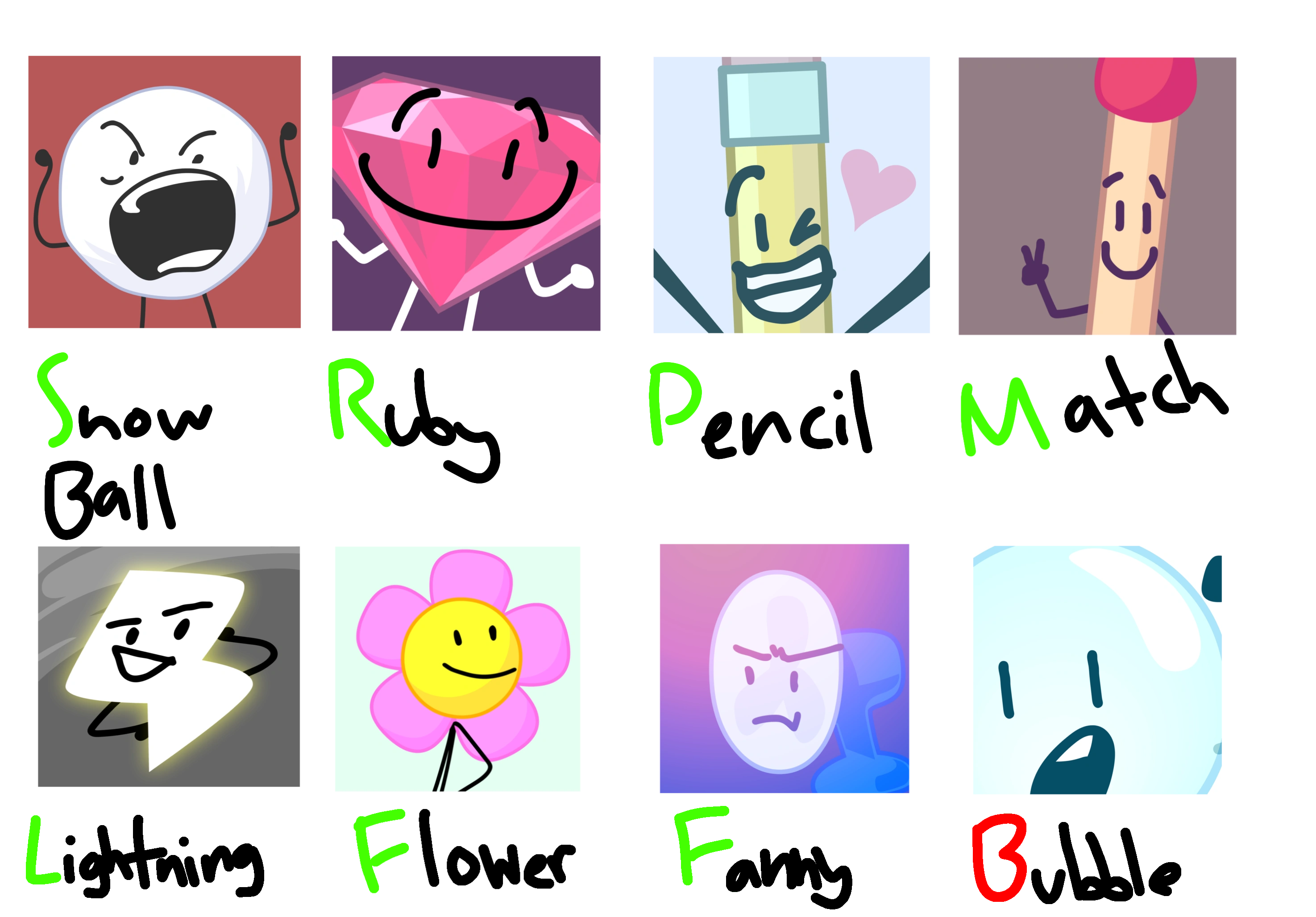 BFB but if your name is the first letter in the alphabet your eliminated. Part 1. 1-10 | Fandom