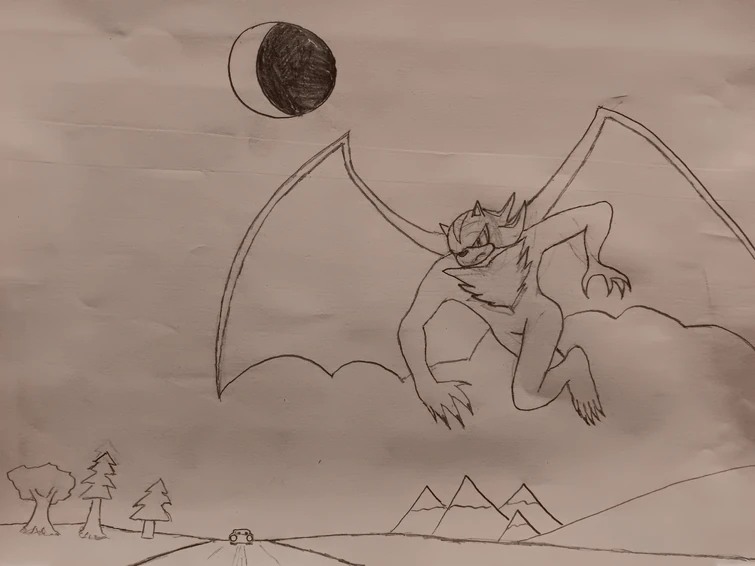 The Ultimate Lifeform as Mothman flying over the road in the wilderness ...