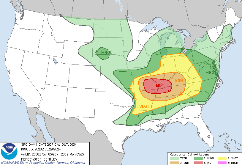 SPC Outlook - MDT Risk lead by a Hatched 45% Wind, Hail Risk & Hatched ...