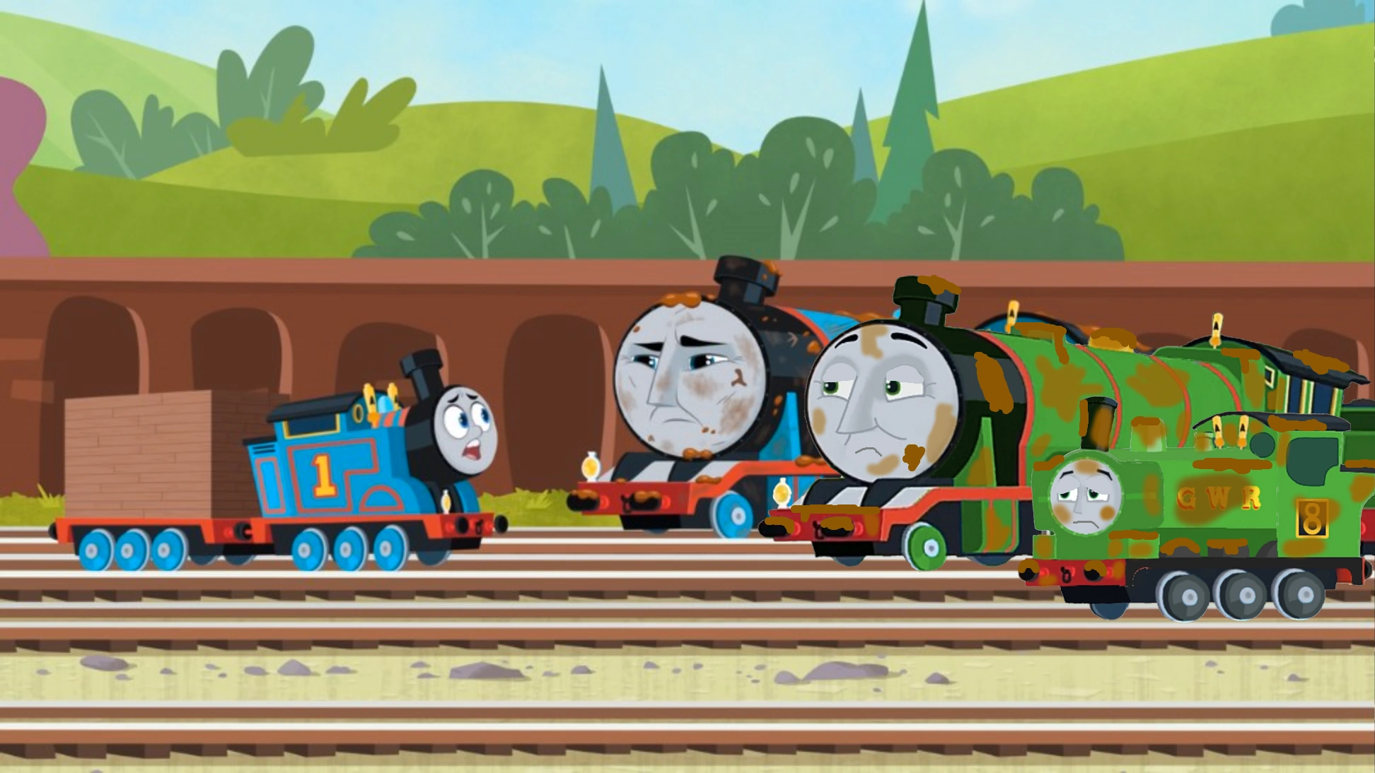 “Duck, Gordon, Henry! What happened to you? You look like a train wreck ...