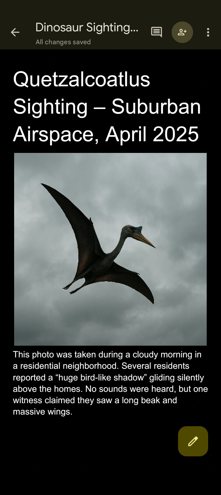 I made up a Quetzalcoatlus sighting | Fandom