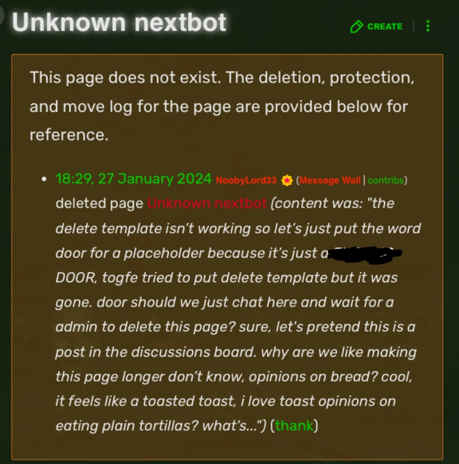 LETS GOOOO THE UNKNOWN NEXTBOT PAGE GOT DELETED!!!!!!!! | Fandom