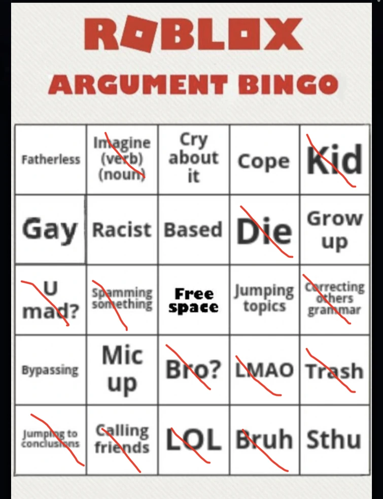 Roblox argument bingo | Fandom