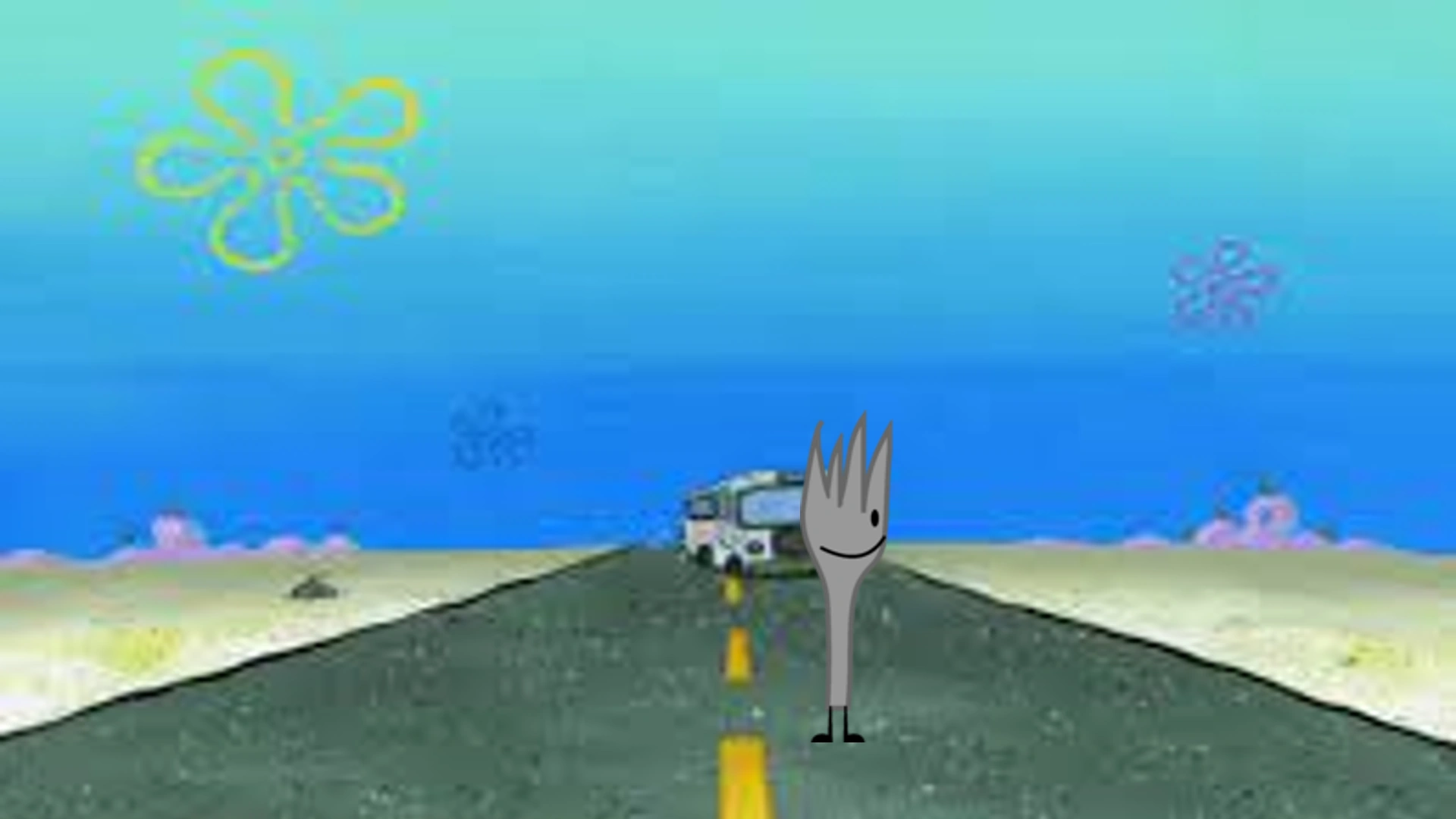 "hey look patrick, that fork is about to be ran over by a boatmobile ...