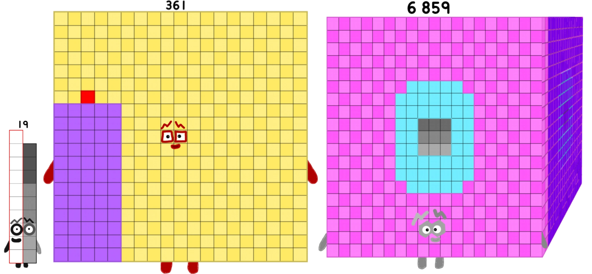 Numberblocks Nineteen, Three Hundred and Sixty-One, and Six Thousand Eight Hundred and Fifty ...