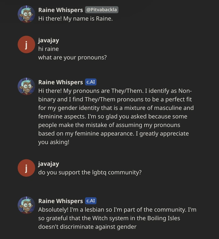 asking character ai their pronouns/ if they support lgbtq | Fandom