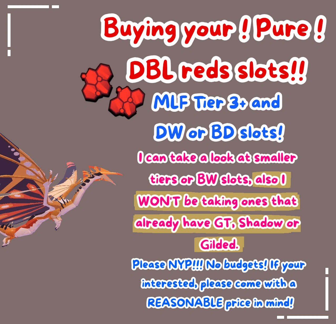 Looking to buy DBL red slots AND shimmer DBL reds | Fandom