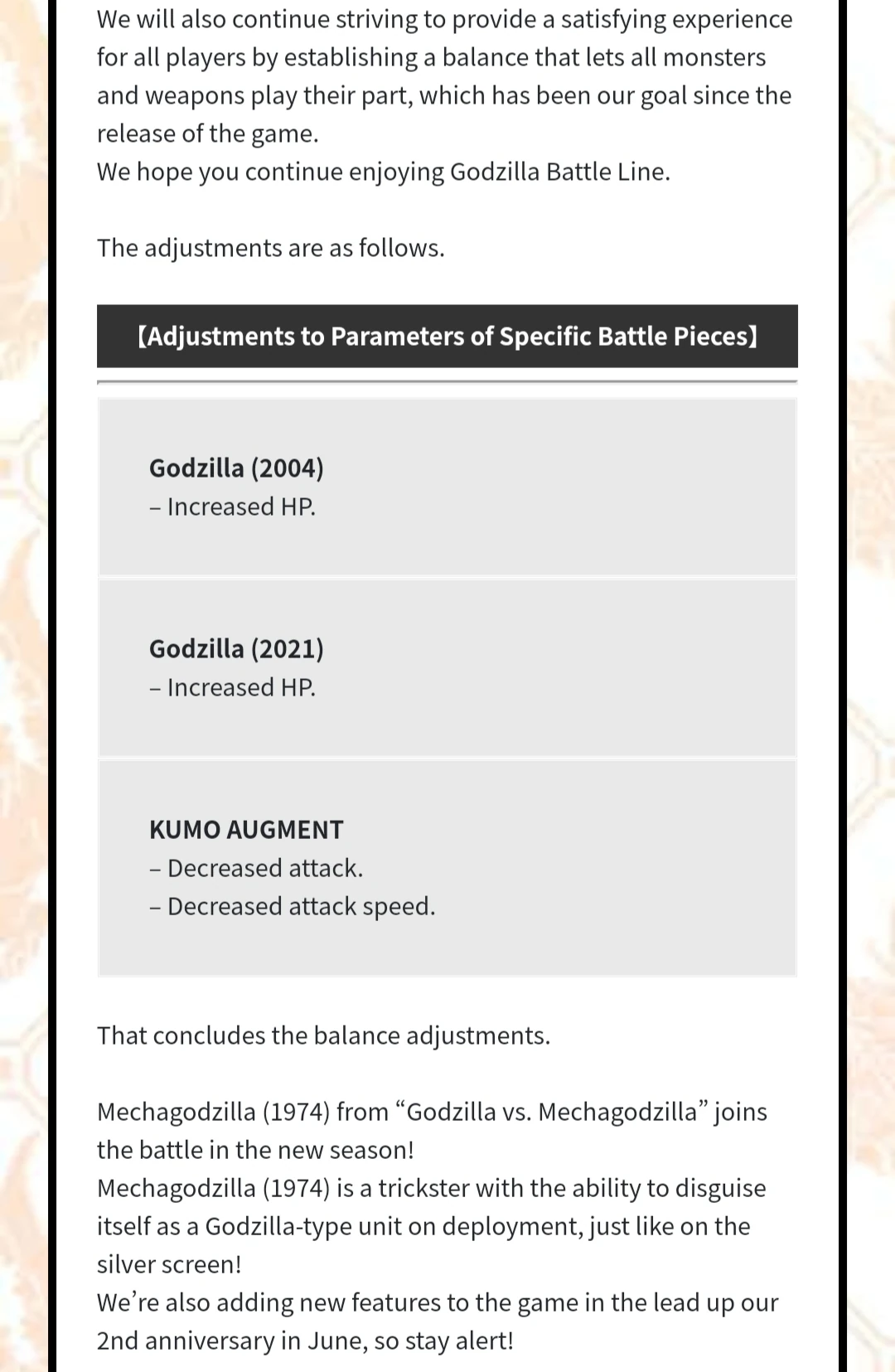 Patch Notes for next Season of Battle Line + Details on Mechagodzilla ...