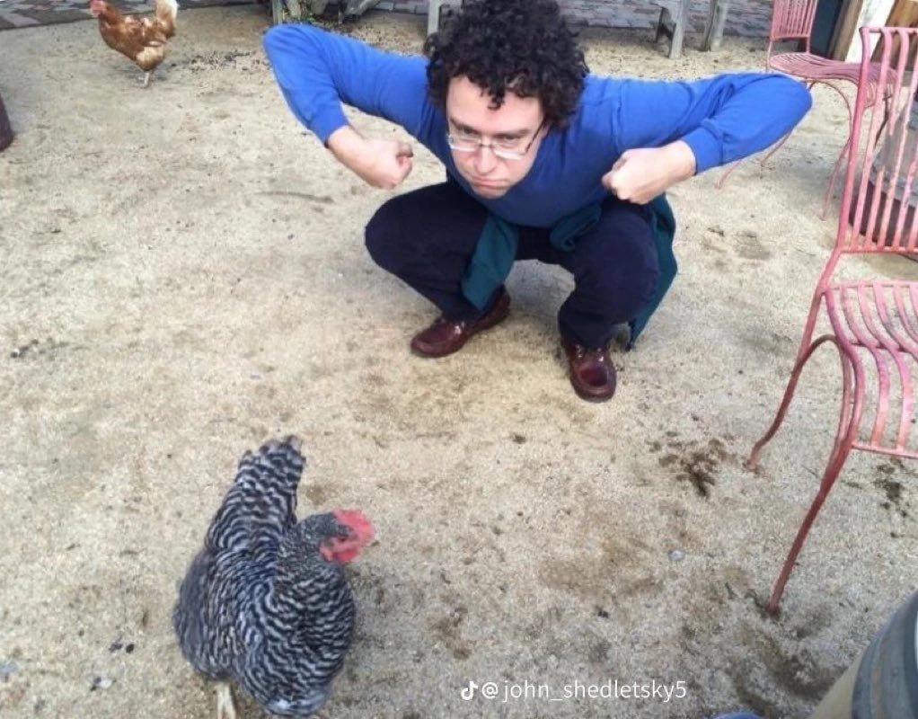 The actual Shedletsky posing like a chicken in front of a chicken | Fandom