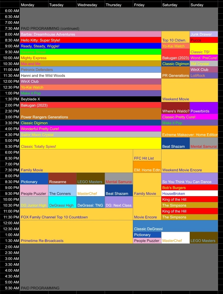 Concept schedule for FOX Family Channel if it was active today. | Fandom