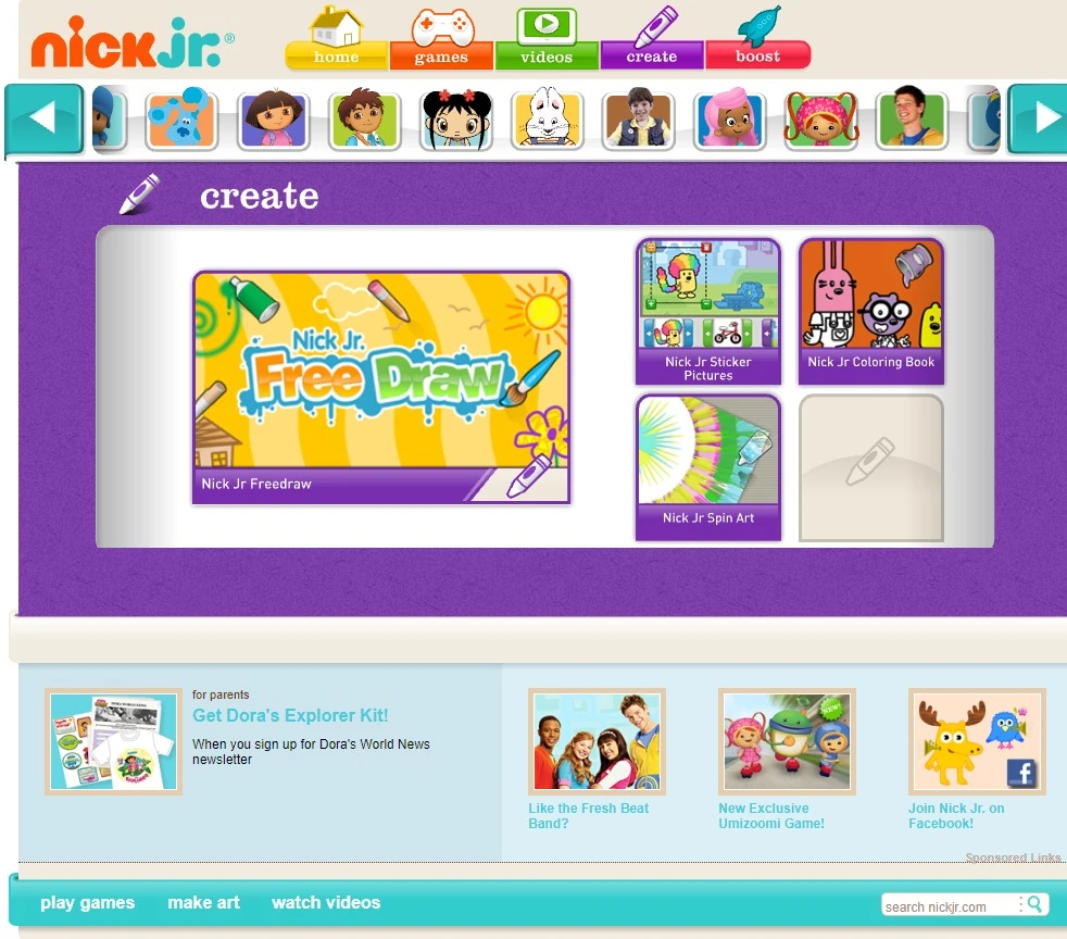 Nick Jr. Create Menu on Website 2010-2012 | Fandom