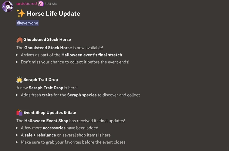 Ghoulsteed Stock, Seraph Traits, Event Shop Sale, Admin Abuse — Discord ...