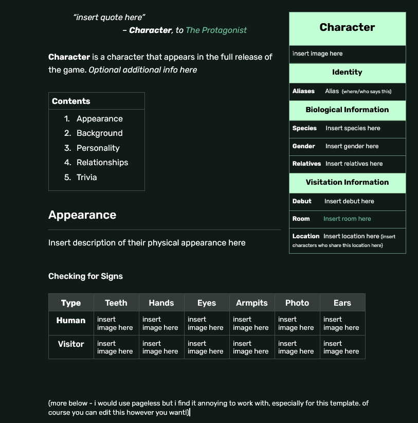 since there's no fanon wiki yet (to my knowledge), i made a google docs wiki template for your ...