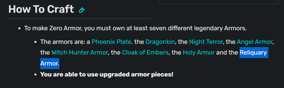 Zero Armor doesn't require Reliquary Armor anymore? | Fandom