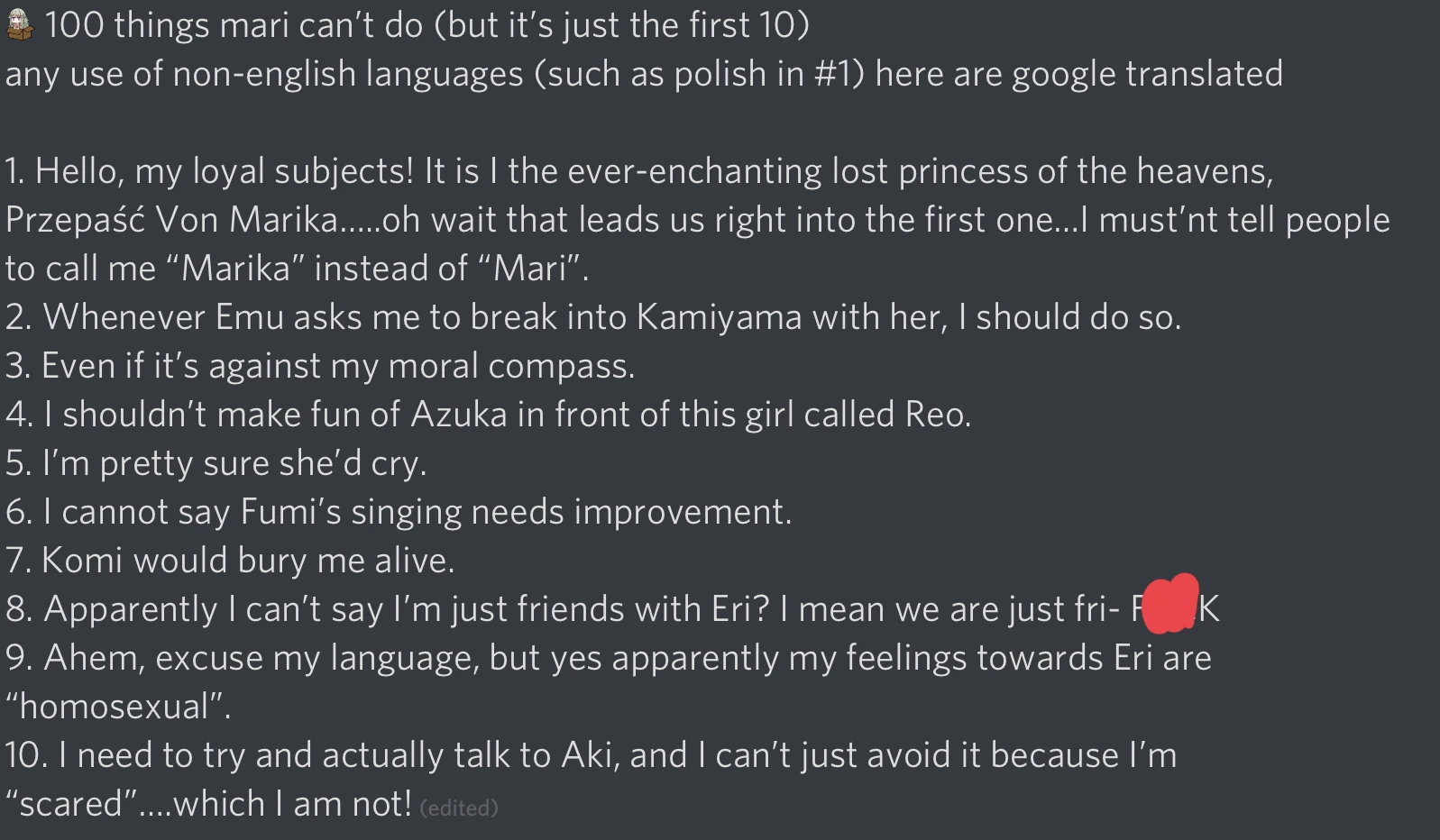 100 things mari can’t do! (wip) | Fandom