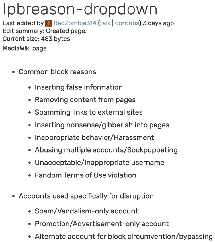 Updated MediaWiki template: "Ipbreason-dropdown" | Fandom