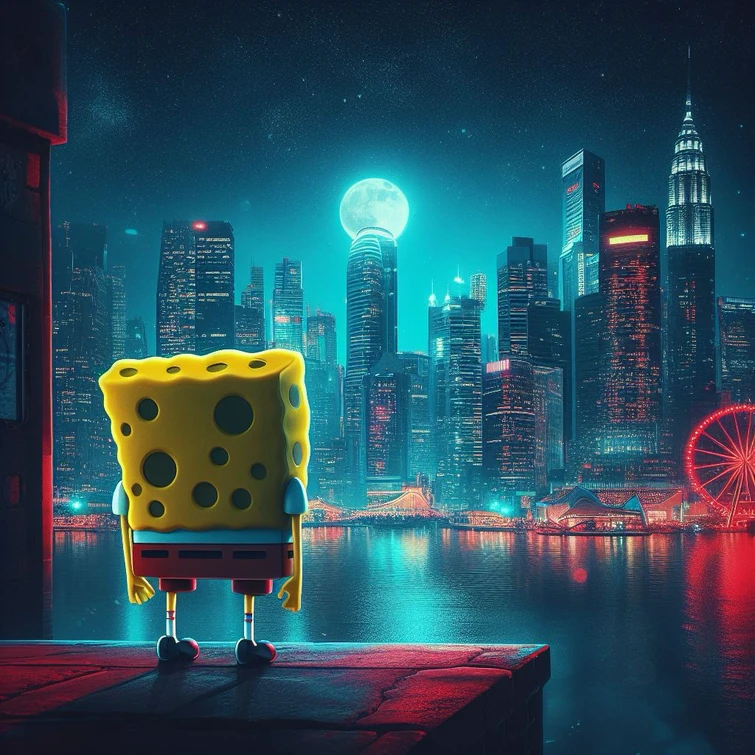 Some AI Art of SpongeBob Looking at the City Skyline at Night | Fandom