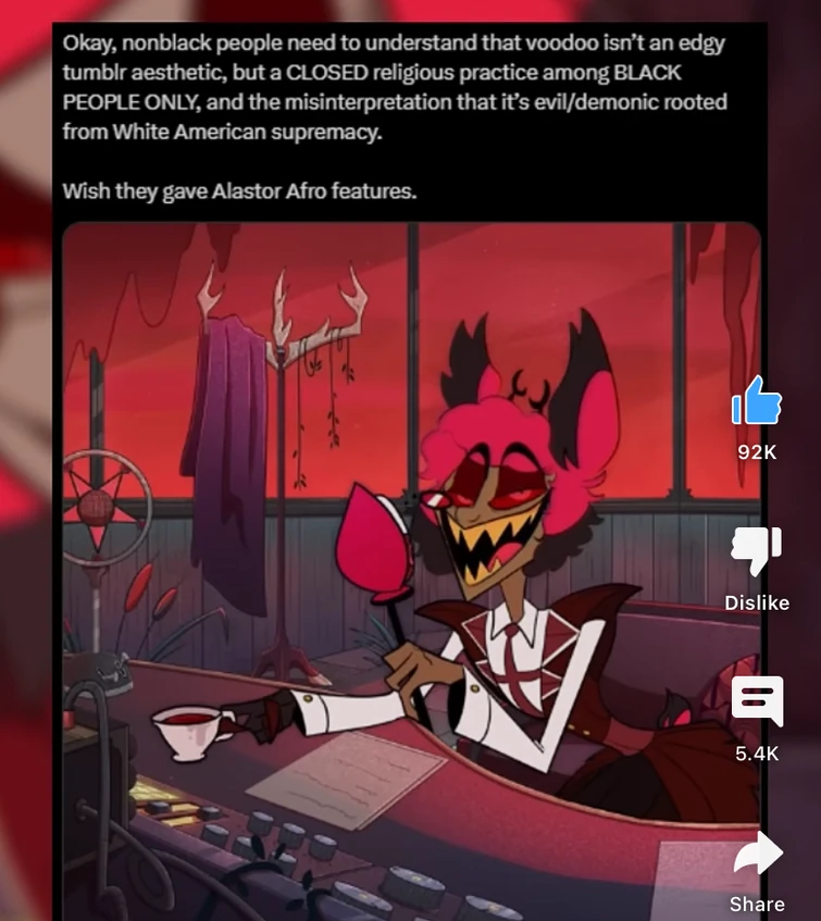 Listen I understand wanting Alastor to have a darker skin tone but that ...