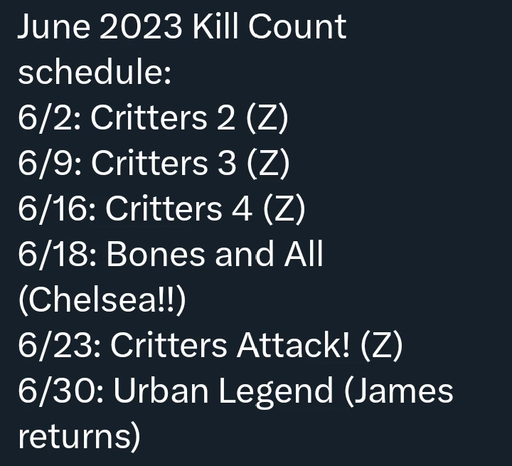 Bones and All and Urban Legend Trilogy confirmed to be next Kill Counts ...
