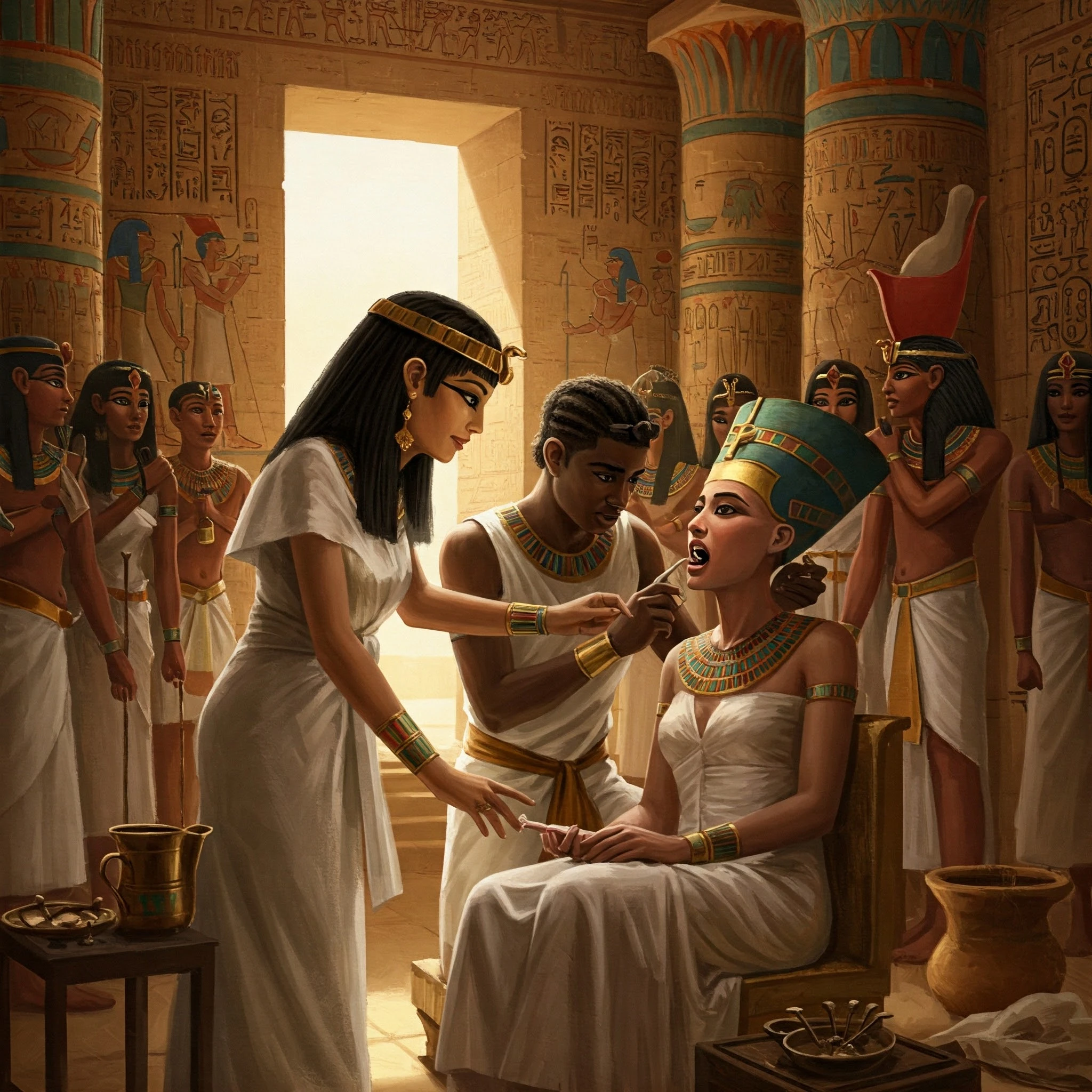 Nefertiti at the dentist getting her teeth checked in a temple in ...