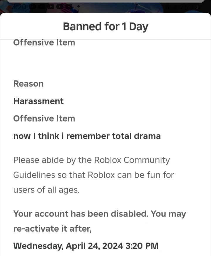 I did a ban speedrun on roblox and I'm suprised this message was ...