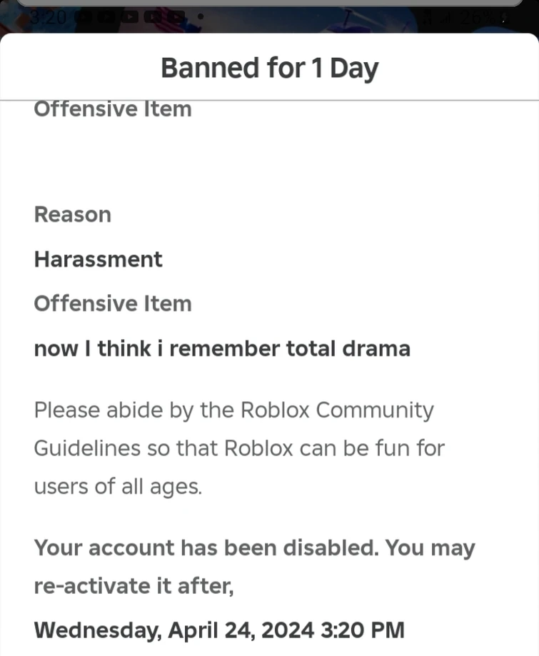 I did a ban speedrun on roblox and I'm suprised this message was ...