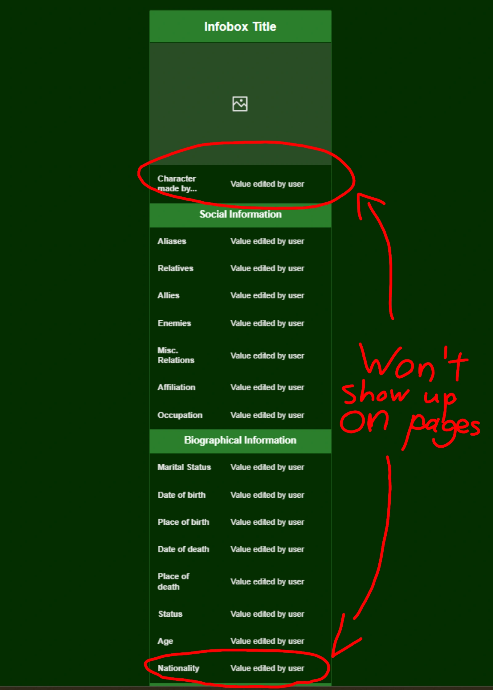 Added these rows to the Character v4 infobox but they won't show up at all. How 2 fix? | Fandom