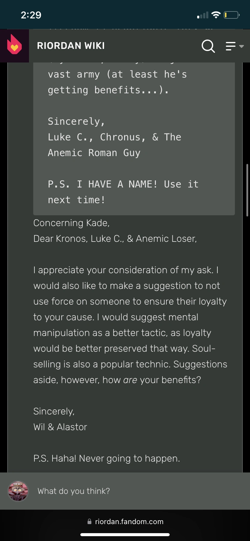 Waiting for someone to answer in the “joke-rp” thing my friend started on the PJO wiki OT | Fandom