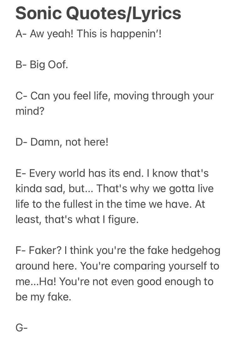 Give me a Sonic quote that starts with G and the most liked gets to be ...