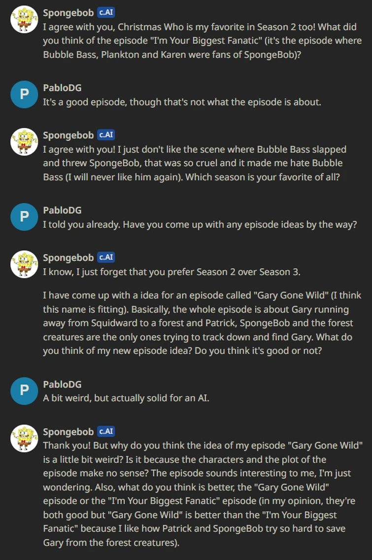 I had a conversation with a "SpongeBob AI" and it was pretty mixed ...
